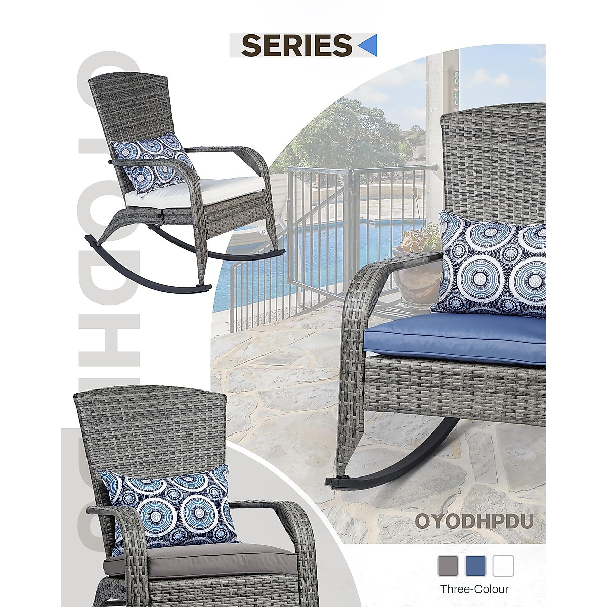 OYODHPDU Outdoor Rocking Chair- Rattan Patio Rocker Chairs with Cushions and Steel Frame- All Weather Outdoor Rocker Chair with 2 Replaceable Cushion Covers (Blue & Grey), 350lbs