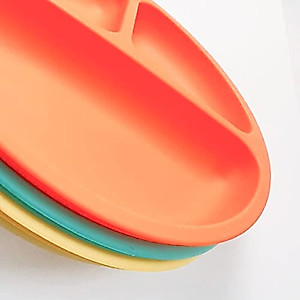 PlusLove Silicone Suction Plate– 100% Silicone Baby Plate, Toddler Plate, Kid Plates, Divided Plate With Suction Feature |Baby Led Weaning Plate| 3 Pack (Orange, Yellow, Teal, With Lids)