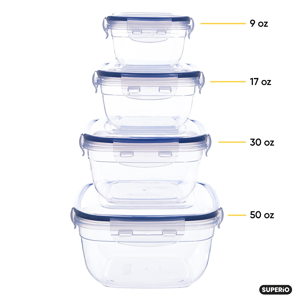Superio Sealed Plastic Food Storage Container - Airtight, Leakproof Meal Prep Containers with Easy Snap Lid- Microwave and Freezer Safe- Square (6)