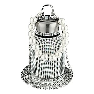 Tmore Glitter Rhinestone Water Bottle Bling Diamond Stainless Steel Thermal Bottles 9.47oz/280ml Sparkling Refillable Insulated Vacuum Thermoses with Chain (Silver)