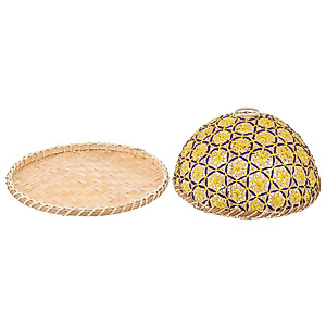 generic Hand- Woven Round Rattan Serving Tray with Food Dome Lid Cover for Picnic Party Bread Cake Pizza Dry Fruit Dessert Yellow Q1519432BAA 28x28cm