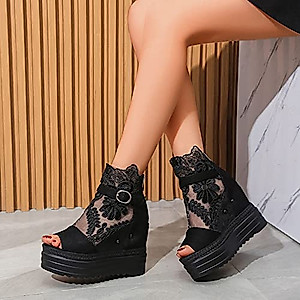 Ladies Fashion Solid Color Summer Breathable Mesh Open Toed Back Zippered High Soled Womens Size 12 Shoes Sandals (Black, 7.5)
