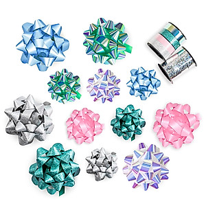 WRAPAHOLIC 14 Pcs Gift Bows Assortment - 12 Multi Colored Assorted Size Gift Bows (Silver, Green, White, Pink, Blue) and 2 Crimped Curling Ribbons, Perfect for Christmas, Holiday, Party