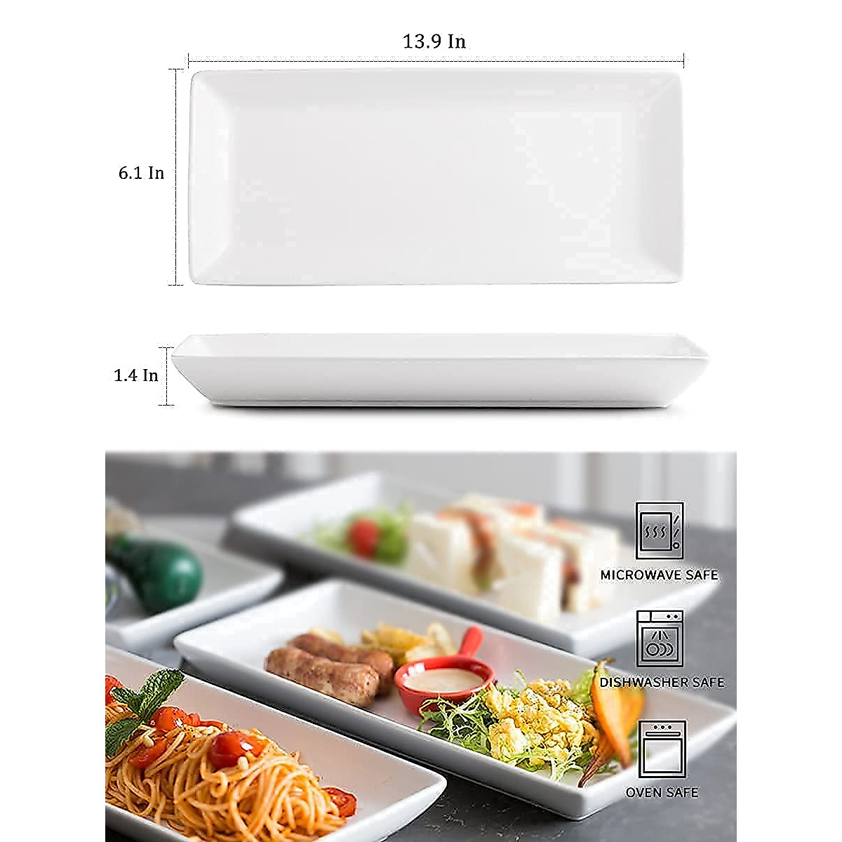 Porcelain Serving Platter Rectangular Plate/Tray for Party, 14-Inch Large White Microwave and Dishwasher Safe Set of 4