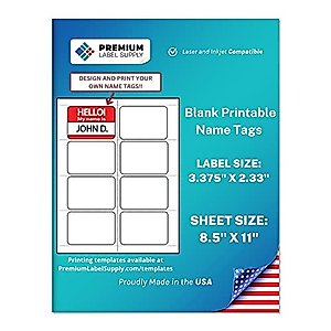 Premium Label Supply Blank Printable Name Tag Stickers - 2-1/3" x 3-3/8" - Laser/Inkjet Compatible – (8 Labels/Sheet), 25 Sheets – 200 Total Adhesive Name Tags