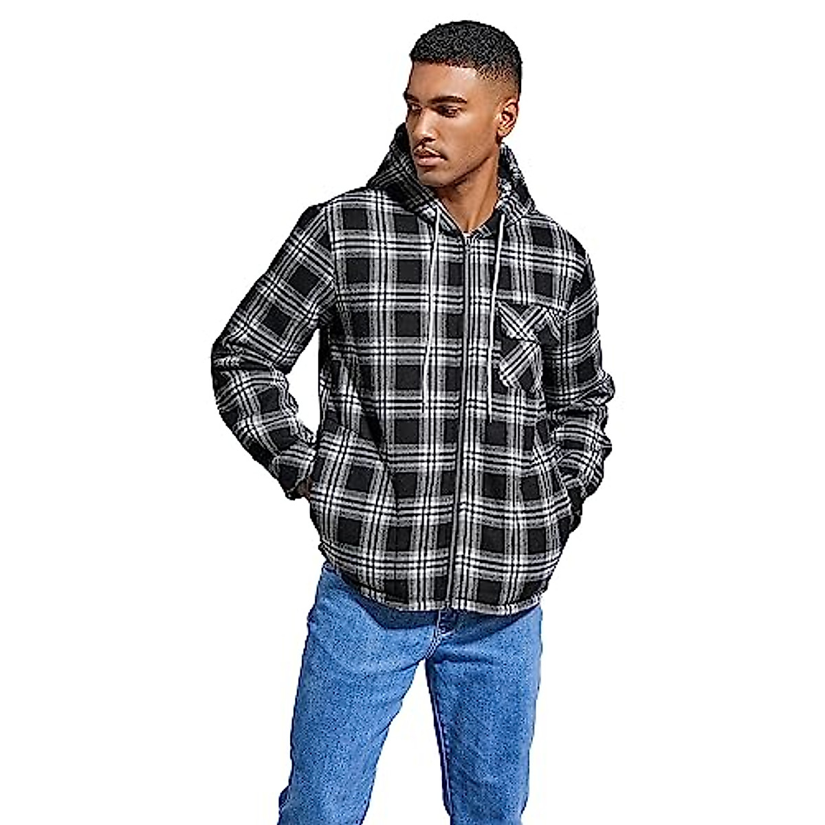 Elesuit Men's Flannel Shirt Jacket Fleece Lined Plaid Coat Full Zip Up Hoodie Winter Outwear Black X-Large