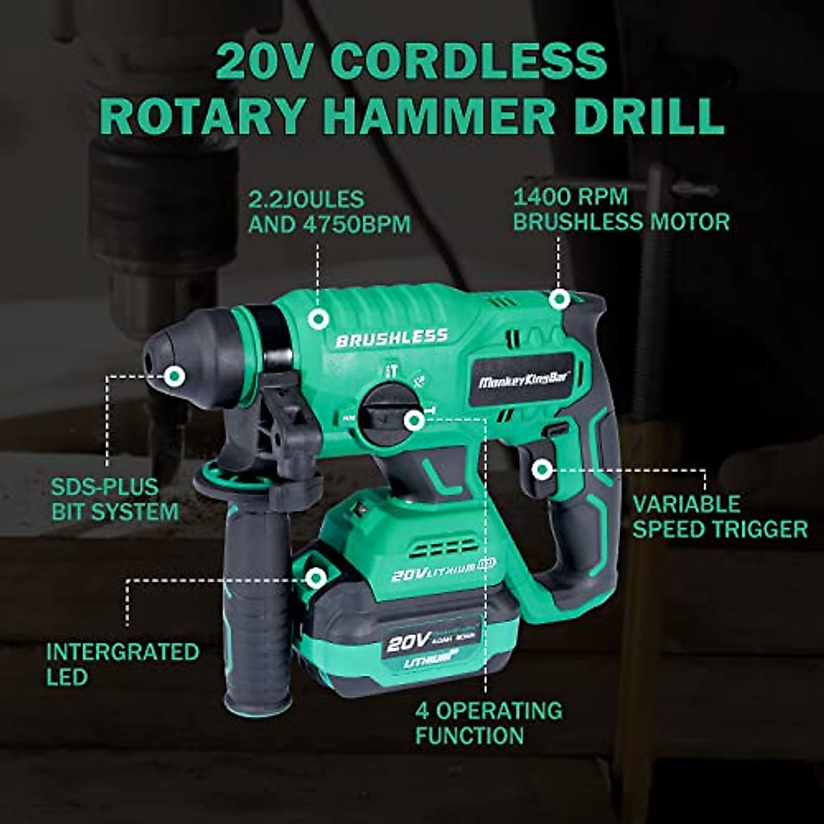 Monkey King Bar-SDS PLUS Coreless Brushless Rotary Hammer Drill 20V 2.2J Power- Li-ion Battery Faster Charge & 4 Modes and Variable-Speed with 1/2 Inch Chuck