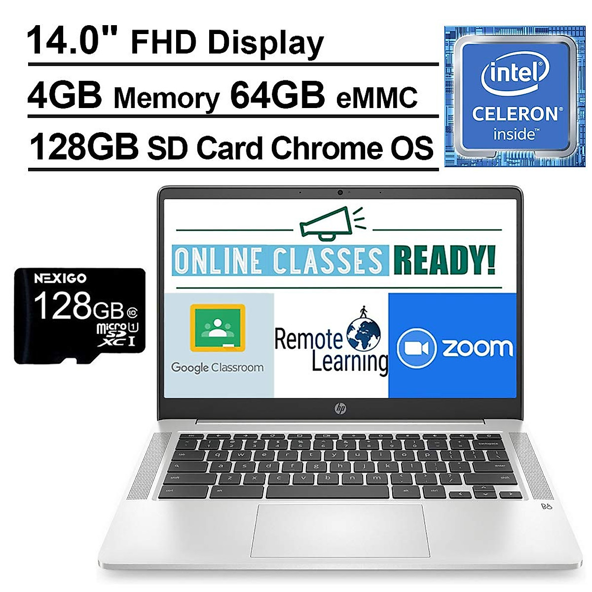 HP 2021 Newest Chromebook 14 Inch FHD 1080P Laptop with Webcam, Intel Celeron N4000 up to 2.6 GHz, 4GB RAM, 64GB eMMC, Webcam, WiFi 5, Chrome OS + NexiGo 128GB MicroSD Card Bundle
