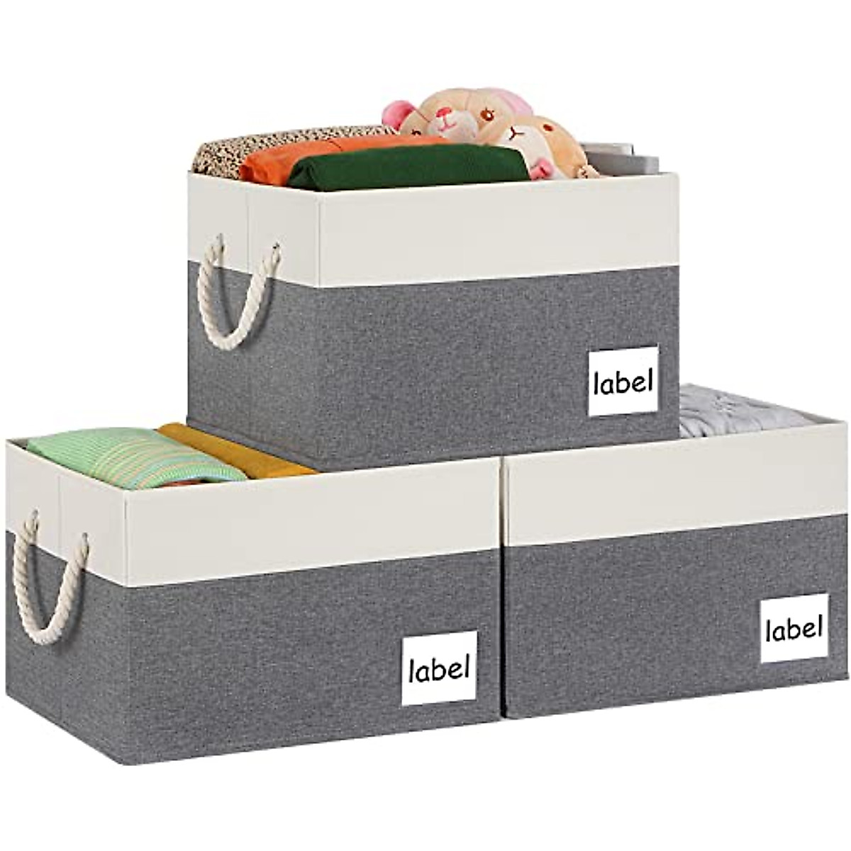 ASXSONN Storage Bins (3 Pack), Closet Storage Bins with Label & Cotton Rope Handles, Large Storage Baskets for Shelves, Storage Baskets for Organizing Nursery, Home, 15"x11"x9.6", Grey&White