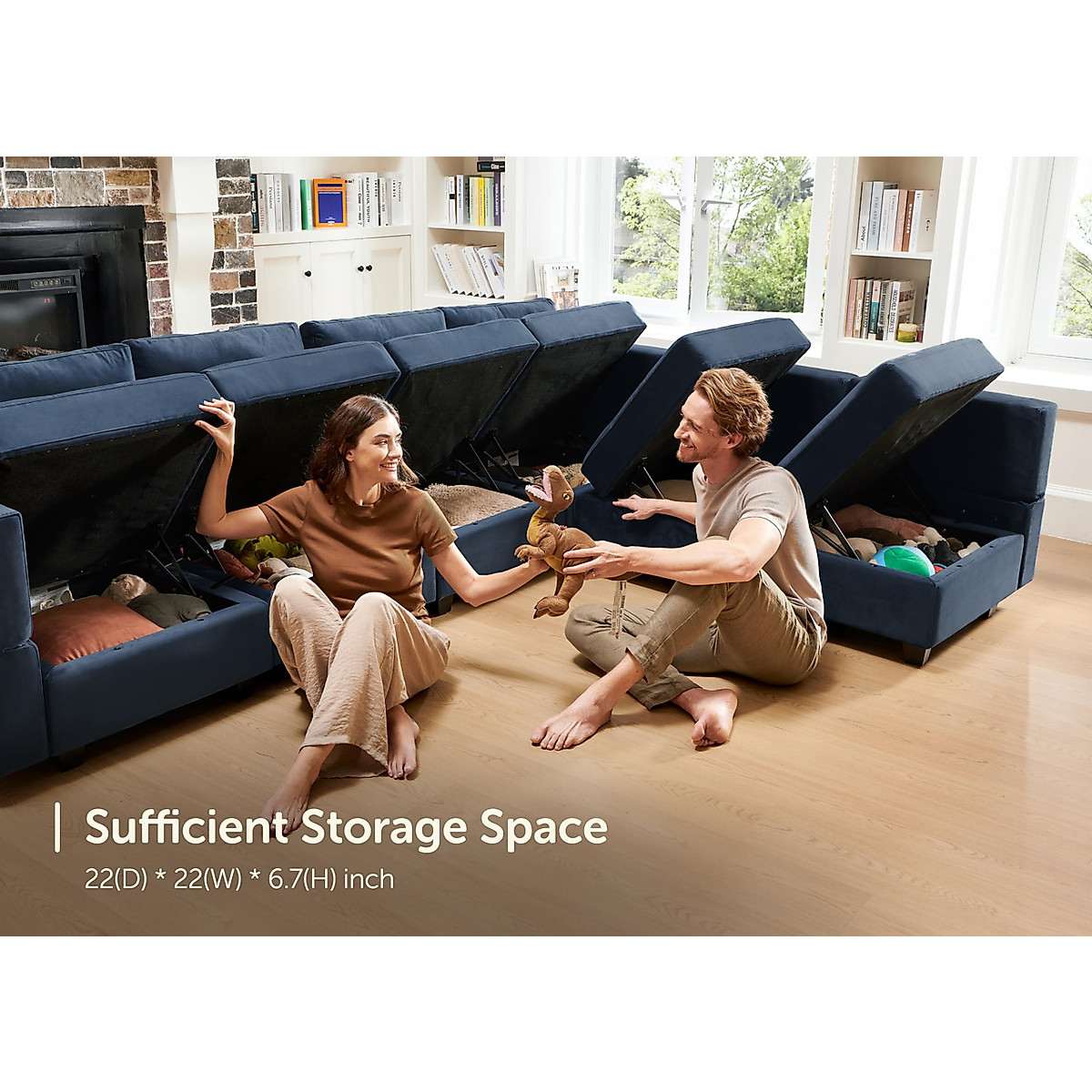 HONBAY U Shaped Modular Sectional Couch with Storage Velvet Sectional Couches for Living Room Blue