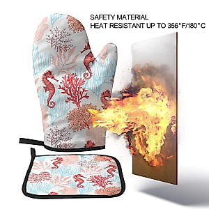 VunKo Sea Horse Oven Mitts and Pot Holders Sets Heat Resistant Coral Oven Gloves with Non-Slip Surface for Safe BBQ Cooking Baking Grilling Set of 2