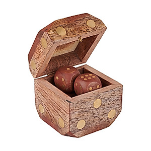 Asiatic Craft Dice Box Game Set Comes with 5 Dices - Wooden Brass Inlay Holder Roller Storage Protect Rolling Standing Display Counters Mini Travel Board Coffee Table