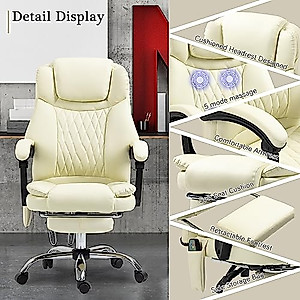 ONPNO Ergonomic Office Chair with Massager, Heated Office Chair Reclining Massage Desk Chair, Home Office Desk Chair w/Foot Rest, Padded Armrest, Height Adjustable Swivel Work Chair (White)