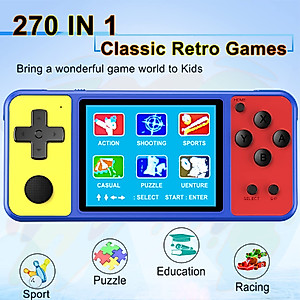 Great Boy Handheld Game Console for Kids Preloaded 270 Classic Retro Games with 3.0'' Color Display and Gamepad Rechargeable Arcade Gaming Player (Blue Yellow Red)
