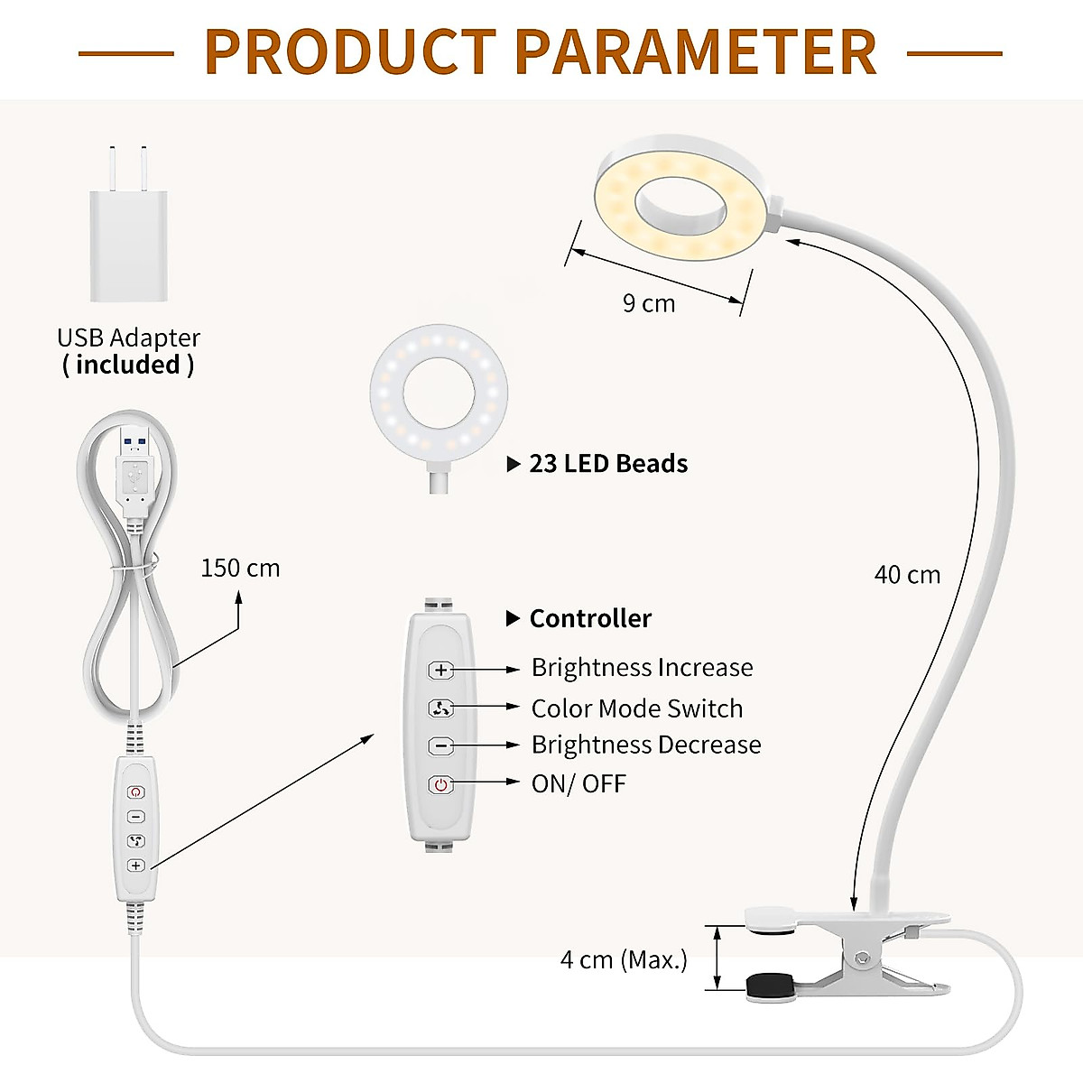 iZELL Reading Light, USB Clamp Lamp for Child Reading Book in Bed at Night, LED Small Desk Lamp with Adjustable Gooseneck Clip on Beside Table for Studying Working Drafting Sewing - 15.8‘’ White