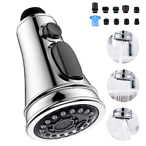 Kitchen Faucet Spray Head Replacement - Pull Down Faucet Sprayer Head with 9 Adapters, 3-Function Kitchen Sink Faucet Head, Replacement Pull Out Faucet Head Nozzle, Chrome
