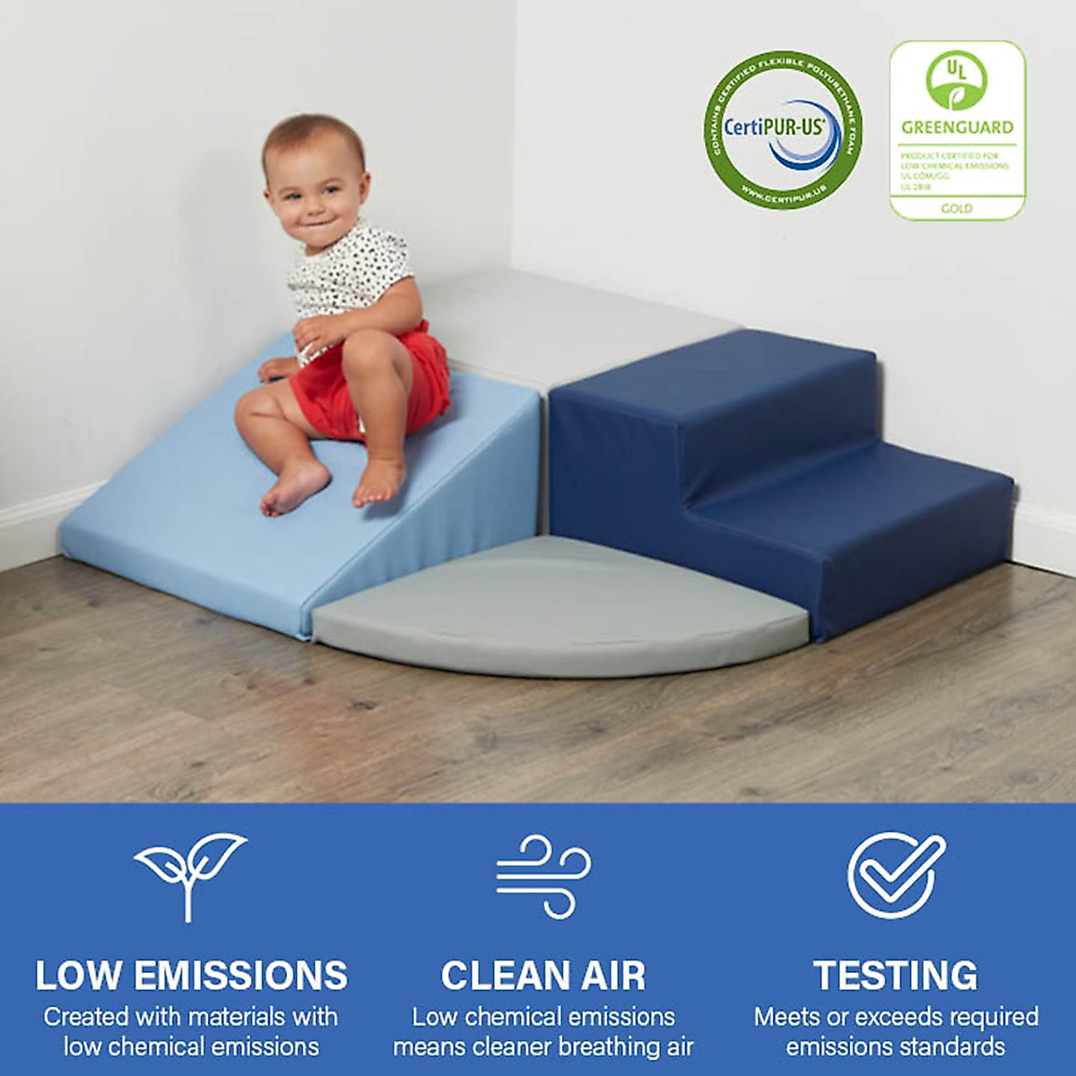 SoftScape Toddler Playtime Corner Climber, Indoor Active Play Structure for Toddlers and Kids, Safe Soft Foam for Crawling and Sliding (4-Piece Set) - Navy/Powder Blue, 11619-NVPB