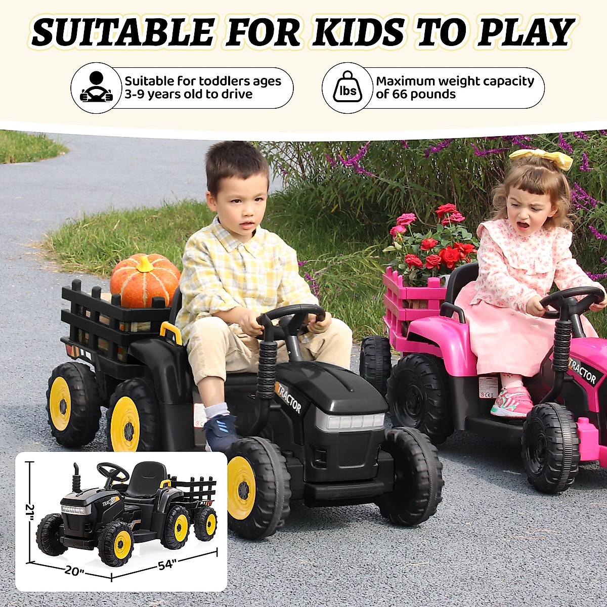 TOBBI Kids Electric Ride On Toy Tractor, 12v Battery-Powered 4 Wheels Ride On Car with Trailer for Toddlers 3-6 Years-Black