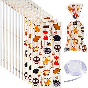 Zonon 100 Woodland Treat Bags Woodland Animal Party Favor Candy Bags Forest Animal Cookie Bags Squirrel Owl Deer Hedgehog Bear Creatures Cellophane Bags for Kids Baby Shower Birthday Party