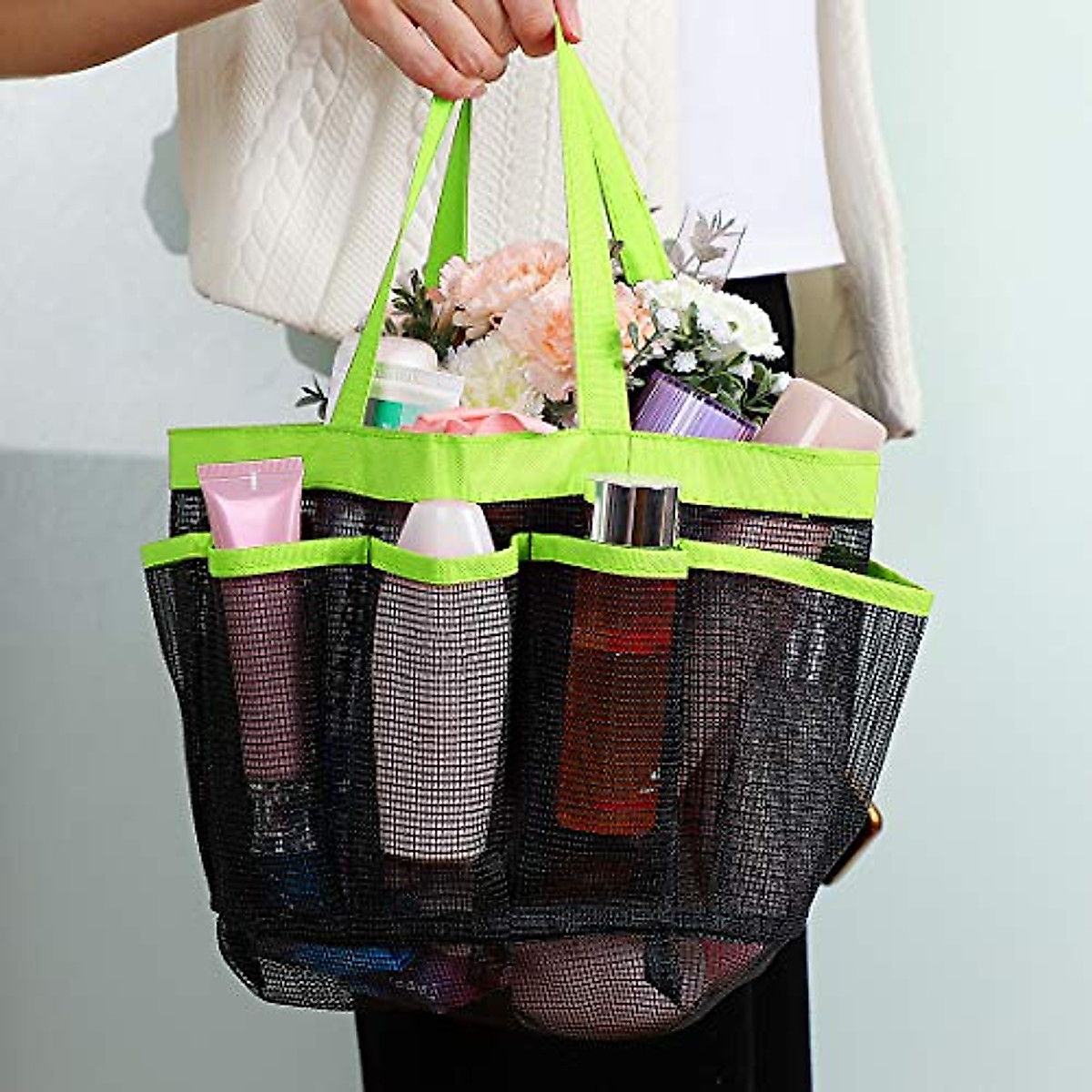 uxcell Portable Caddy with 7 Mesh Storage Pockets, Quick Dry Shower Tote Bag Oxford Hanging Toiletry and Bath Organizer for Shampoo, Conditioner, Soap Other Bathroom Accessories, Green