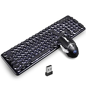 Gaming Keyboard and Mouse,Soke-Six 2.4G Wireless Retro Punk Typewriter-Style Backlit Keyboard Mice Combo,4800mAh Battery,Mechanical Feel,Anti-ghosting,Crystal Panel Round Keycaps (Black+White Light)