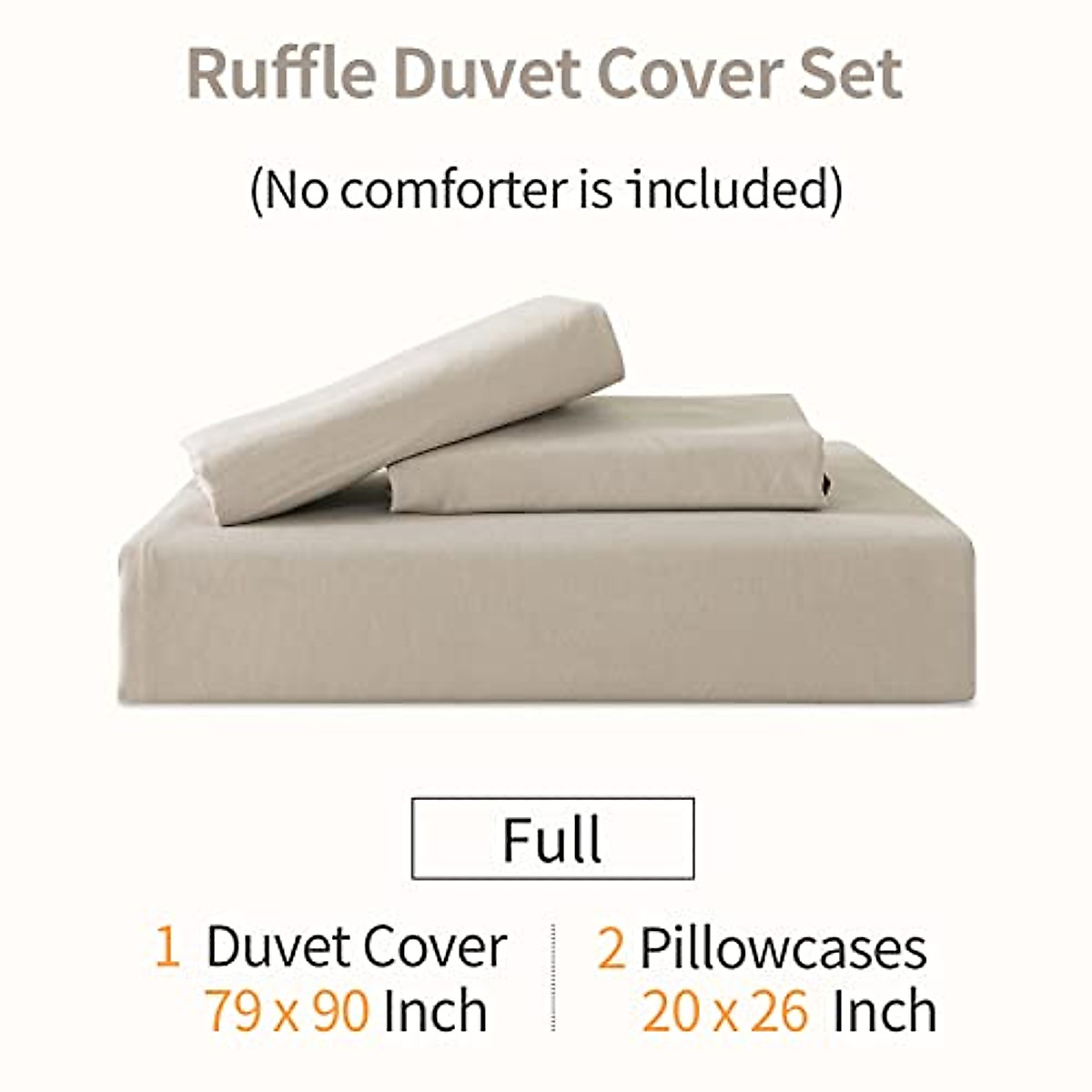 Andency Khaki Duvet Cover Full(79x90Inch), 3 Pieces(1 Ruffled Duvet Cover and 2 Pillowcases) Farmhouse Shabby Chic Duvet Cover, Soft Microfiber Duvet Cover Set with Zipper Closure & Corner Ties