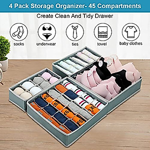 4-Pack Drawer Underwear Storage Organizer Set - Cooyokit Foldable Storage Divider For Closet, Cabinet Collapsible Storage Container For Storing Lingerie, Bras (A-C), Socks, Tie etc. (4 Pack, Grey)