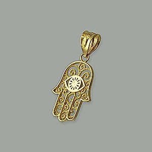 LA BLINGZ 14K Yellow Gold Filigree Hamsa Evil Eye Charm Necklace (22" Necklace)