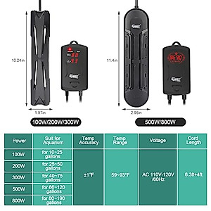 hygger 40-75 Gallon Small Aquarium Heater with LED Display Controller, Quartz Submersible Fish Tank Heater 300 W Saltwater Freshwater