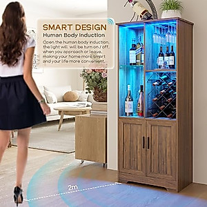 Kasibie Wine Cabinet, Wine Bar Cabinet with LED Lights, Liquor Cabinet with Glass Holder Wine Rack, Farmhouse Modern Liquor Cabinet with Storage for Home (Brown)