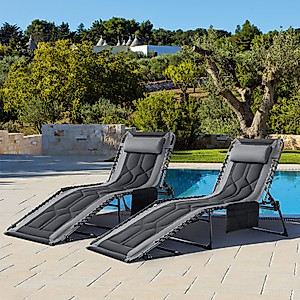 Flamaker Folding Chaise Lounge Outdoor Portable Lounge Chairs 4-Position Adjustable Camping Lounge Chair with Pillow & Side Bag Lightweight Recliner Sunbathing Chair for Pool Beach Deck (Grey)