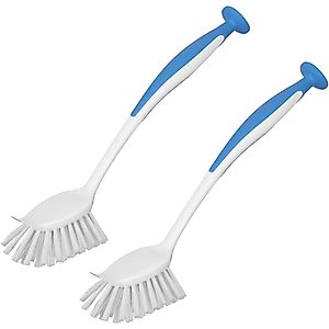 SetSail Dish Brush with Handle, 2 Pack Stiff Bristles Dish Scrubber with Suction Cup Dish Scrub Brushes with Built-in Scraper for Cleaning Dishes, Pots and Pans, Kitchen Sink
