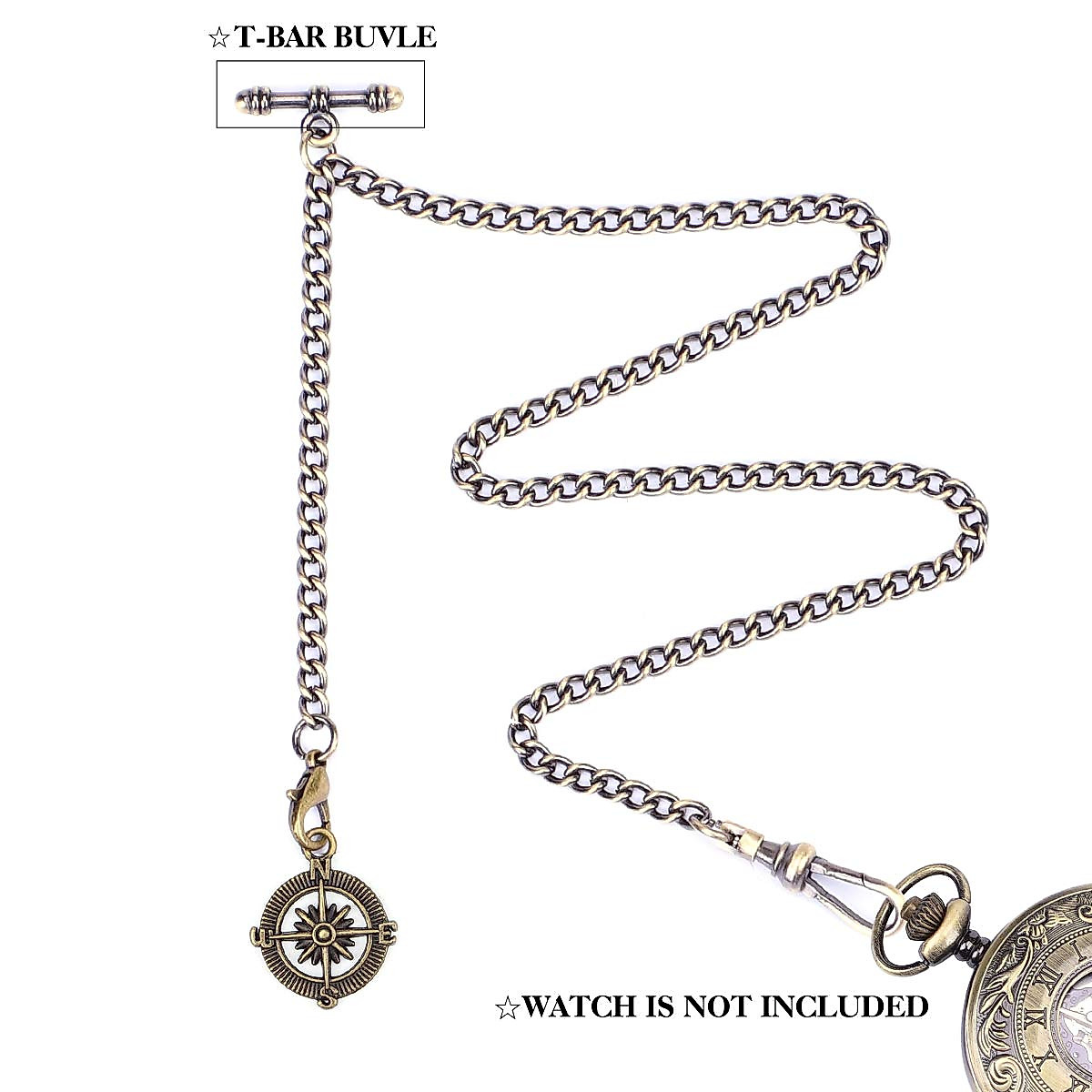 SIBOSUN Pocket Watch Albert Chain T Bar & Lobster Clasps Watch Chain Vest Chain for Men Curb Link Chain 2 Hooks with Antique Compass Pendant Design Charm Fob T-Bar Chain Bronze
