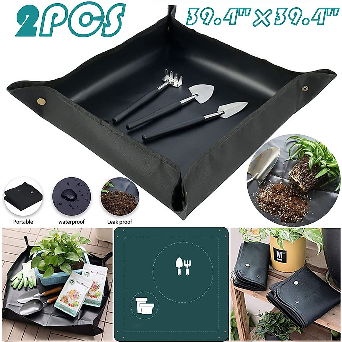 VkerQerd Foldable Gardening Plant Repotting Mat -2PCS- 39.4" x 39.4" PE Indoor Transplanting Anti Dirty Mat, Bonsai Succulent Potting Tarp for Home Gardening Planting