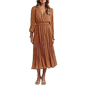 PRETTYGARDEN Wrap V Neck Fall Dresses for Women 2023 Long Sleeve Smocked Wedding Guest Dresses Flowy Pleated Midi Dress (Brown,X-Large)