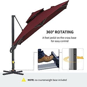 Outsunny 10ft Cantilever Patio Umbrella with Base, Hanging Aluminum Offset Umbrella with 360° Rotation, Easy Tilt, 8 Ribs, Crank, Cross Base Included for Backyard, Poolside, Lawn, Garden, Wine Red