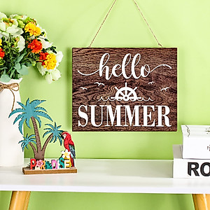 Jetec Hello Summer Wooden Sign Wooden Farmhouse Sign Home Rustic Front Door Decoration Wood Hanging Sign Wall Decor, 9.8 x 7.8 x 0.2 Inch