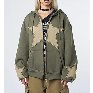 Womens Y2K Long Sleeve Hoodies Zip Up Star Graphic Track Jackets Hip Hop Harajuku Oversized Sweater Sweatshirts