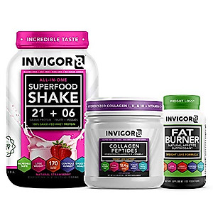 INVIGOR8 Superfood Shake (Strawberry) Whey Protein Shake + Collagen Peptides + Fatburner Bundle