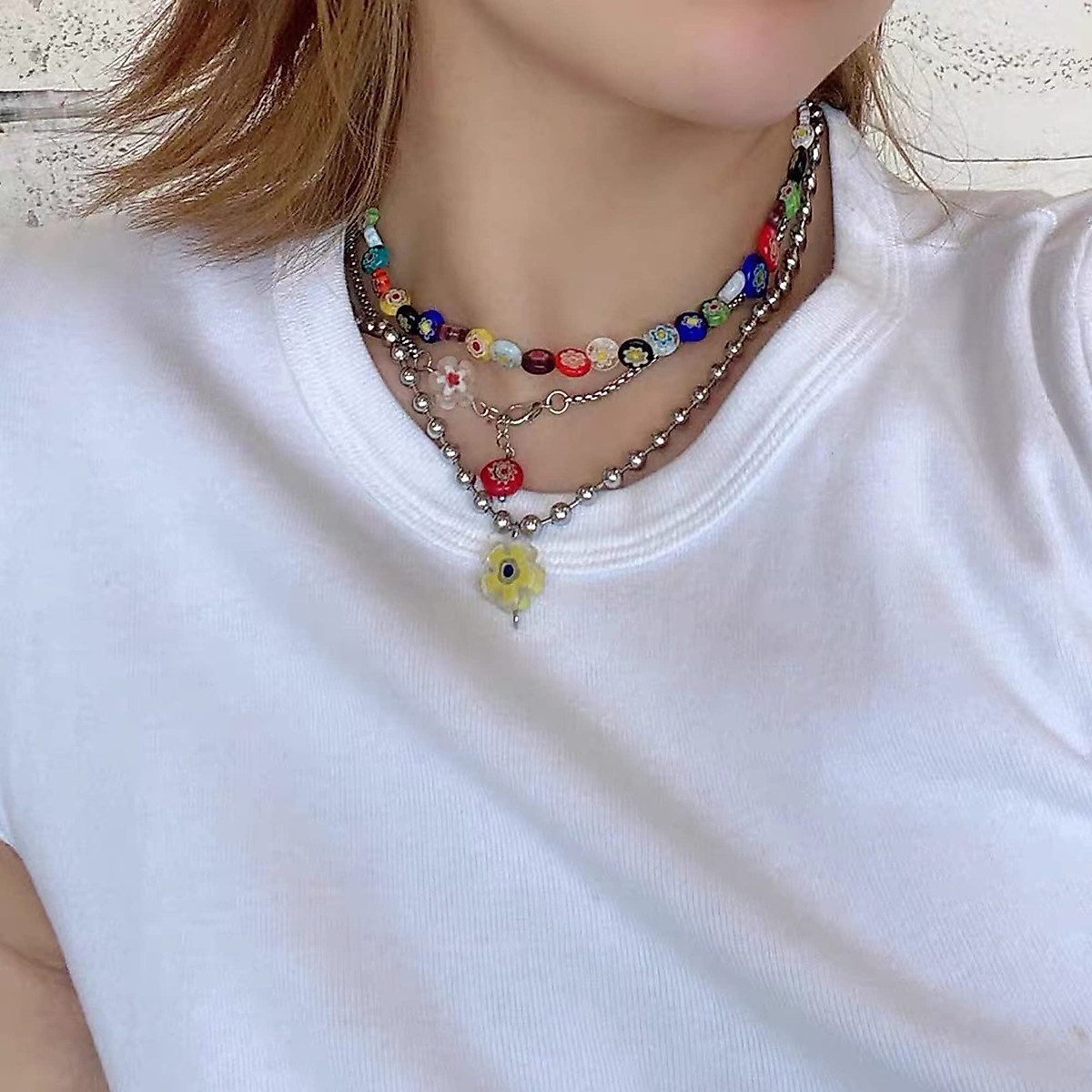 Y2k Necklace Layered Colorful Beaded Necklace Y2K Bead Choker Necklaces with Flower Pendant Indie Jewelry for Teen Girls Woman 3Pcs