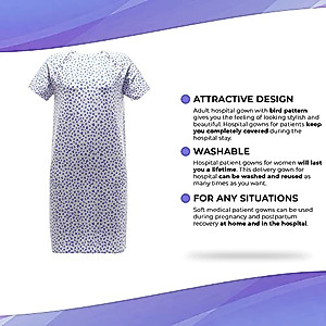 AMZ Medical Supply Hospital Gowns for Women, Pack of 3 Large White Patient Gowns with Bird Print, Short Sleeves, Front and Back Snaps, Soft Cotton Patient Gown, Convenient Labor and Delivery Gowns