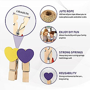 jijAcraft 100Pcs Mini Wooden Heart Clothespins, Multicolor Small Clothespins with Heart, 3.5cm Heart Photo Clips, Tiny Clothes Pins with String for Photos Display,DIY Craft,Wedding&Baby Shower Decor