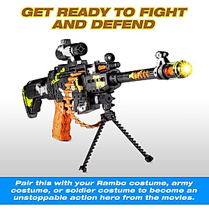 Light Up Toy Machine Blaster - Scope, Stand and Carrying Strap Flashing Lights, Sounds and Unique Revolving Rounds - Toys for Boys Combat Military Mission Toy - Birthday Gifts for Kids - Playo