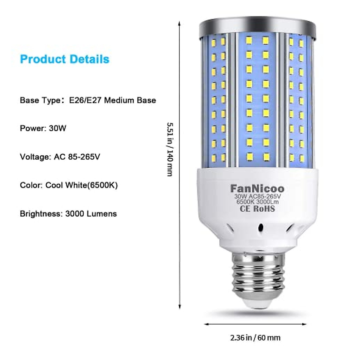 2-Pack 200W Equivalent LED Corn Light Bulb 3000 Lumen 6500K Cool White Daylight 30W LED Corn Lamp E26/E27 Medium Base for Indoor Outdoor Warehouse Garage Basement Backyard Factory Barn and Many Areas
