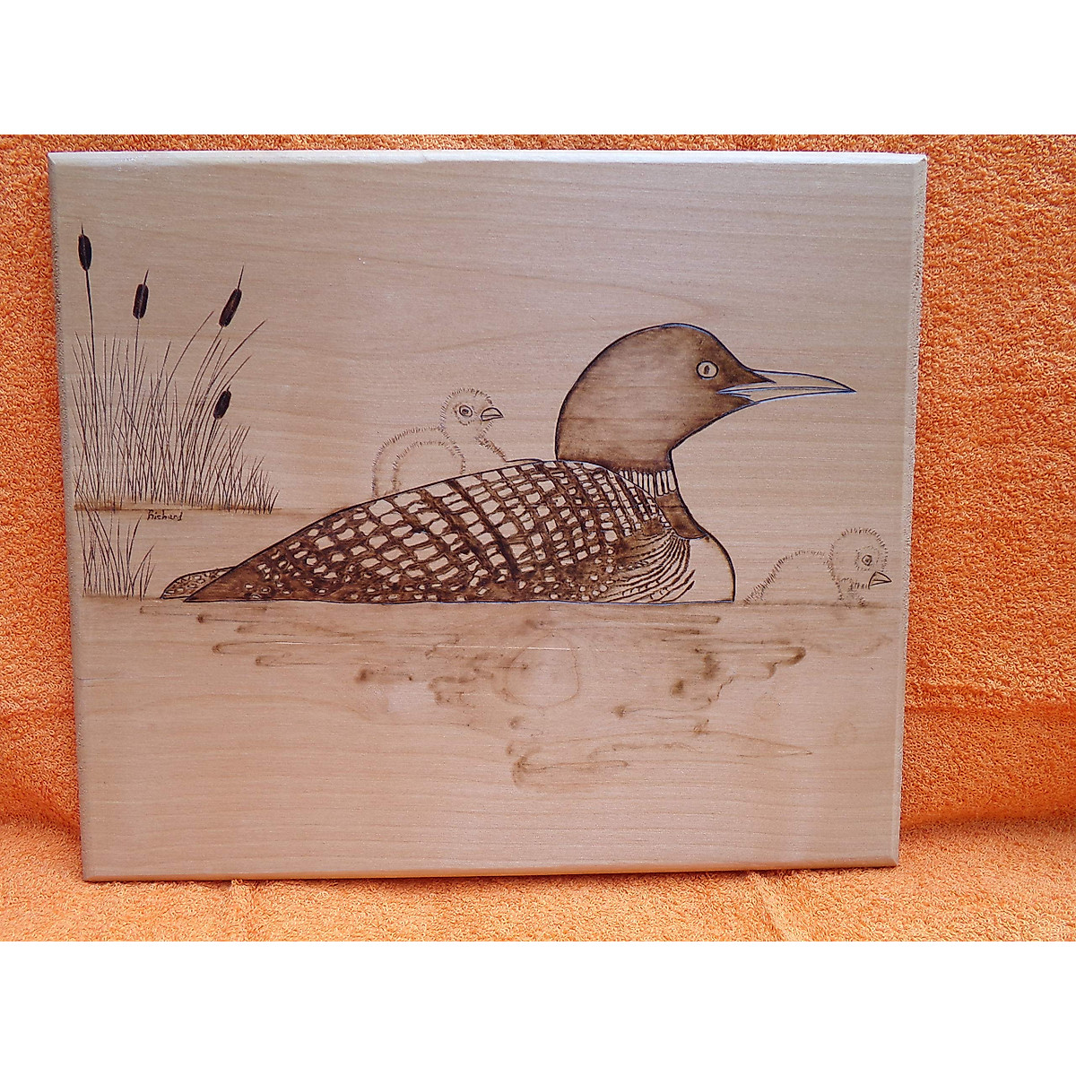 Hand Burned Pine Wood Wall Picture Loon Family with Hanger USA Custom Hand Wood Burned Finished Edge Nice looking wall Picture Living Room Bedroom Bathroom Wall Decor