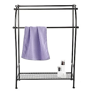MYOYAY Freestanding Towel Rack with Storage Shelf 3-Tier Bathroom Towel Bar Rack Metal Quilt Rack Stand and Display Rack for Bathroom Bedroom Laundry Room