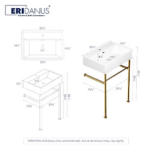 Eridanus 24"x16" Console Bathroom Sink, Free Standing 30 Inch Chrome Steel Support Pedestal Legs, Wall Mount White Vessel Ceramic Vanity Basin Modern Rectangular Sinks Porcelain, Brushed Gold