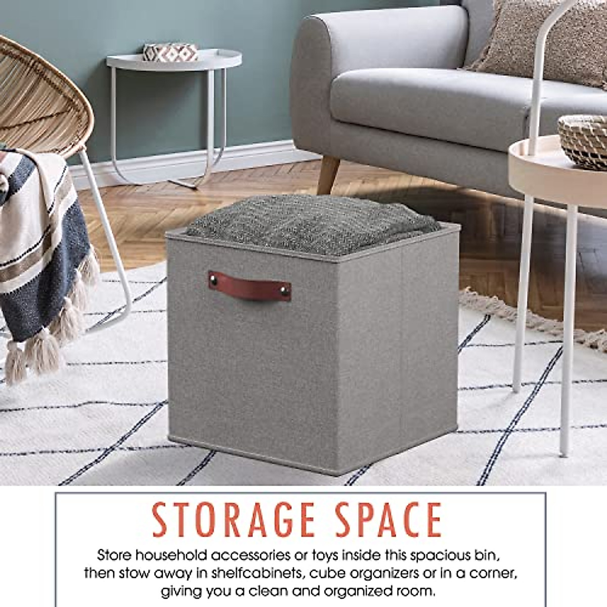 Ornavo Home Foldable Collapsible Storage Box Bins Linen Fabric Shelf Basket Cube Organizer with Leather Handles - Set of 6-13 x 13 x 13 - Gray