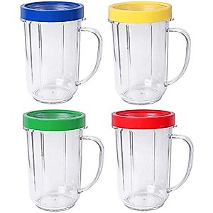 Wadoy MB1001 16oz Bullet Cups Compatible with Magic Bullet Blender Juicer 250W MB-1001 Party Cups Mugs with Colored Lip Rings (Pack of 4)