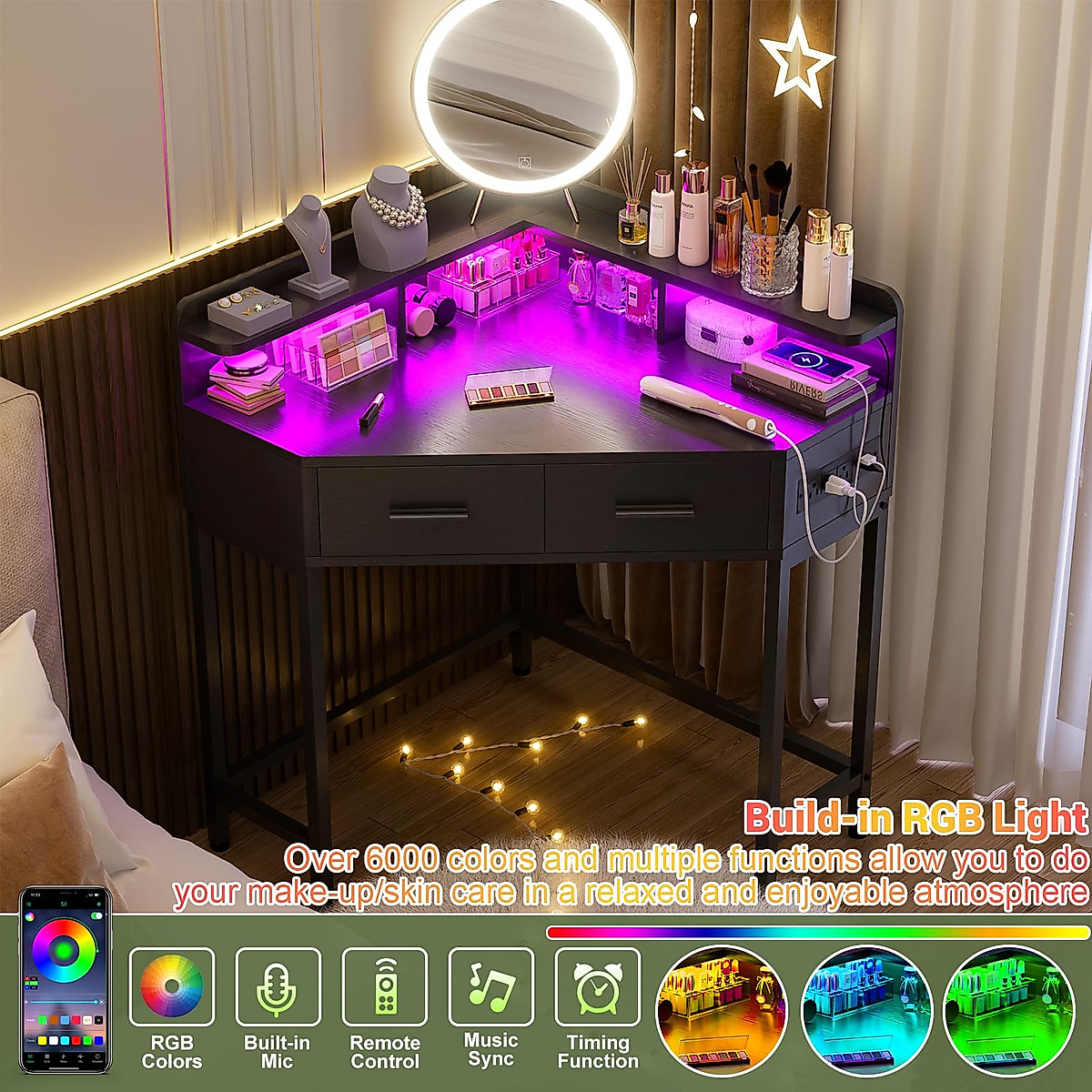 Cyclysio Corner Vanity Desk Without Mirror, Makeup Vanity Table with Lights & Power Outlets, Small Corner Vanity with Drawers for Bedroom,Small Spaces, Black